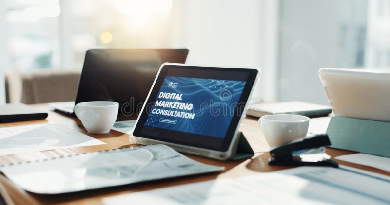 Empty Office, Tablet and Screen for Digital Marketing, Consultation and ...