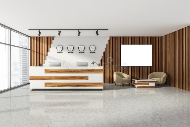 Empty Office, Wooden Reception Interior at White Wall, 4 Clocks on it ...