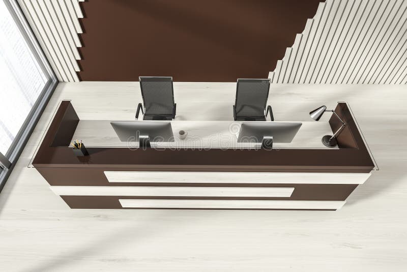 Empty Office, Wooden Reception Interior at White Wall, 4 Clocks on it ...