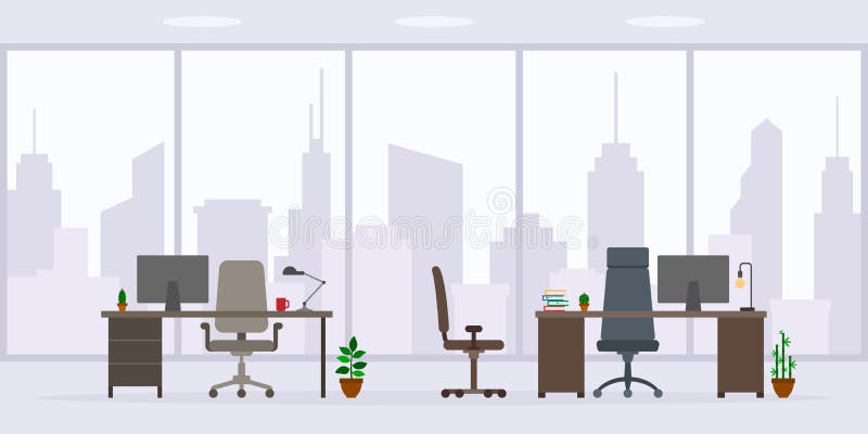 Empty Office Work Place Front View Vector. Flat Style Table, Desk ...