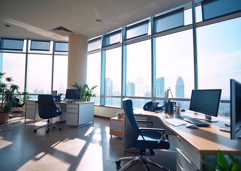 Empty Office Workspace with Large Windows in Tall Business Centre.Macro ...