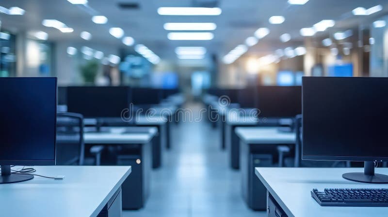 Empty Office Workspace with Rows of Computers and White Desks Stock Illustration - Illustration ...
