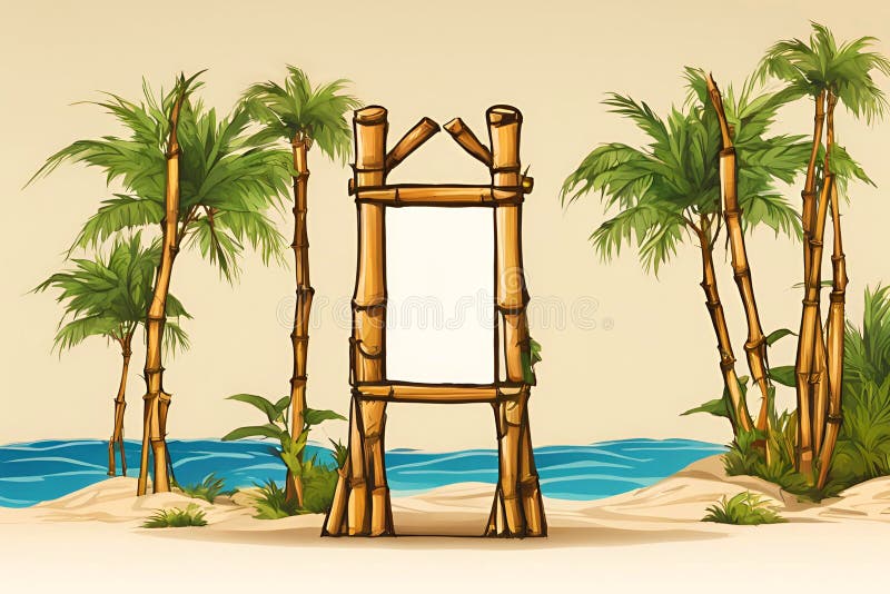 Empty Old Bamboo Frame Sign on a Beach, Blue Ocean Background. Stock ...