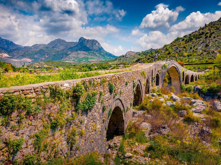 Empty Old Mes Bridge. Stunning Summer Landscape of Shkoder Stock Photo ...