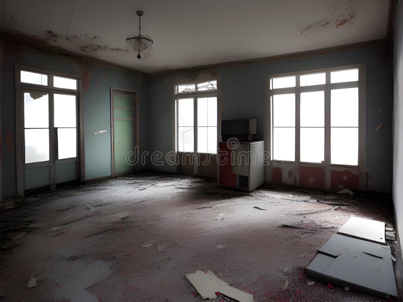 Abandoned Empty Room Interior with Large Windows and Broken Ceiling ...