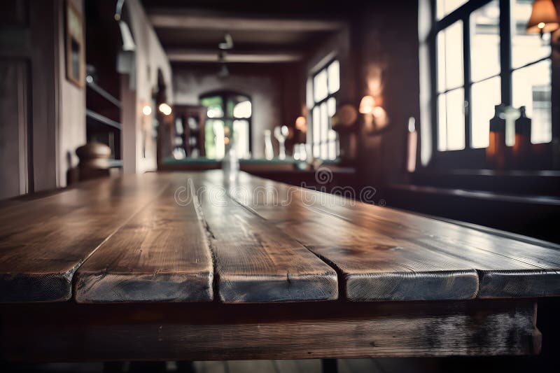 Empty Old Rustic Wood Table in a Pub, Blurred Background, Ai Generative ...