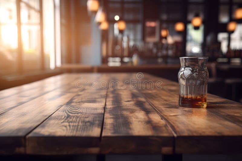 Empty Old Rustic Wood Table in a Sunny Pub, Blurred Background, Ai ...