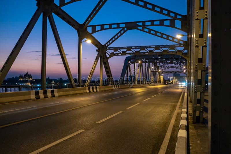 Empty Old Steel Structure Bridge Over the River on Twilight Sky ...