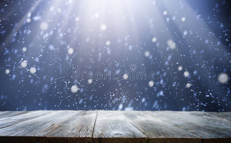 Empty Old Table with Abstract Magic Snowfall and Light on Dark ...