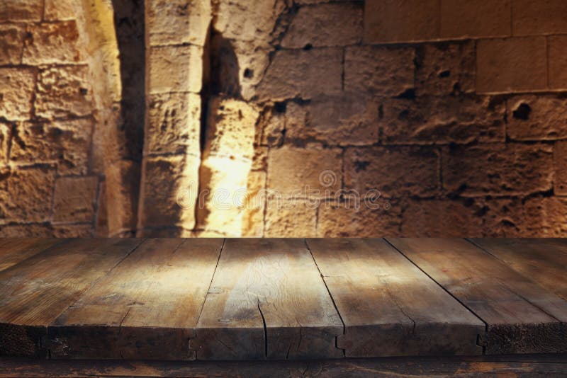 Empty Old Table in Front of Ancient Knight Stone Tower. Useful for ...