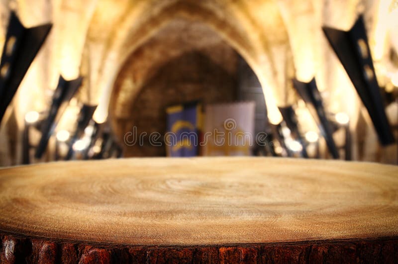 Empty Old Table in Front of Ancient Knight Stone Tower. Useful for ...