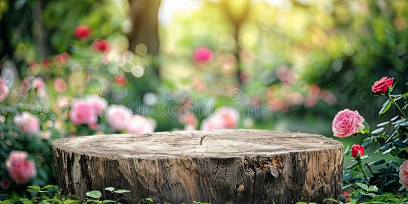Empty Old Tree Stump Table Top with Blur Rose Garden Background for ...