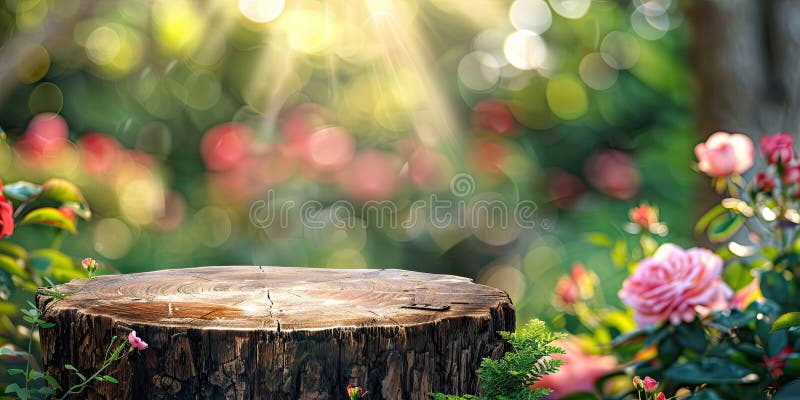 Empty Old Tree Stump Table Top with Blur Rose Garden Background for ...