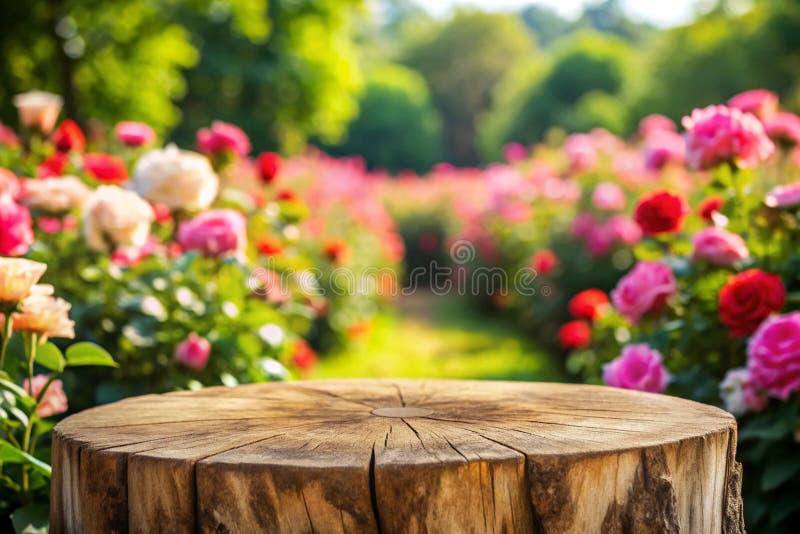 Empty Old Tree Stump Table Top with Blur Rose Garden Background for ...