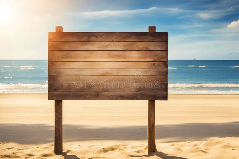 Empty Old Wooden Sign on a Beach, Sunset Background. Stock Illustration ...