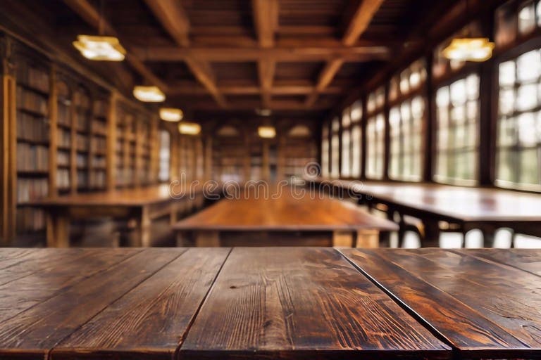 Empty Old Wooden Table Surface in the Background of the Ancient Library ...