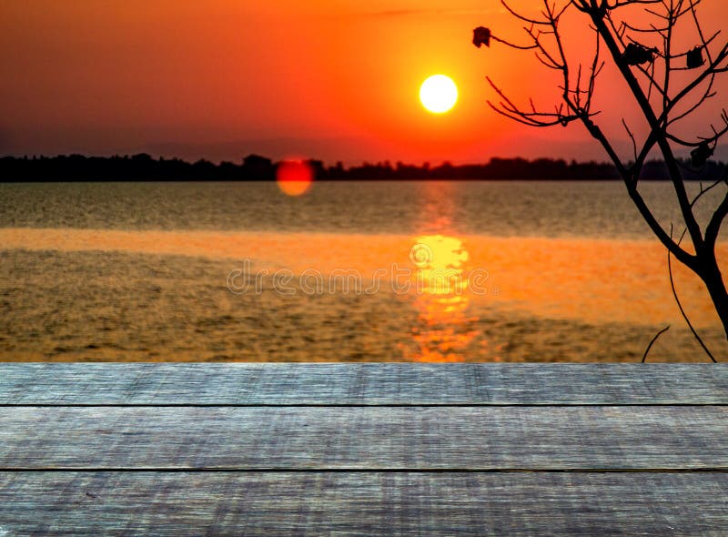 Empty Old Wooden Table Twilight Sea Orange Sky Pier Harbor Stock Photo ...