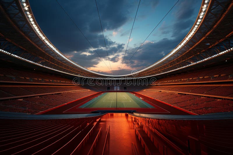 Empty Olympic Stadium with Red Seats and Blue Sky through the Roof ...