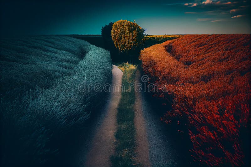 An Empty One Way Road with Two Arrows Going through a Field of Shrubs ...
