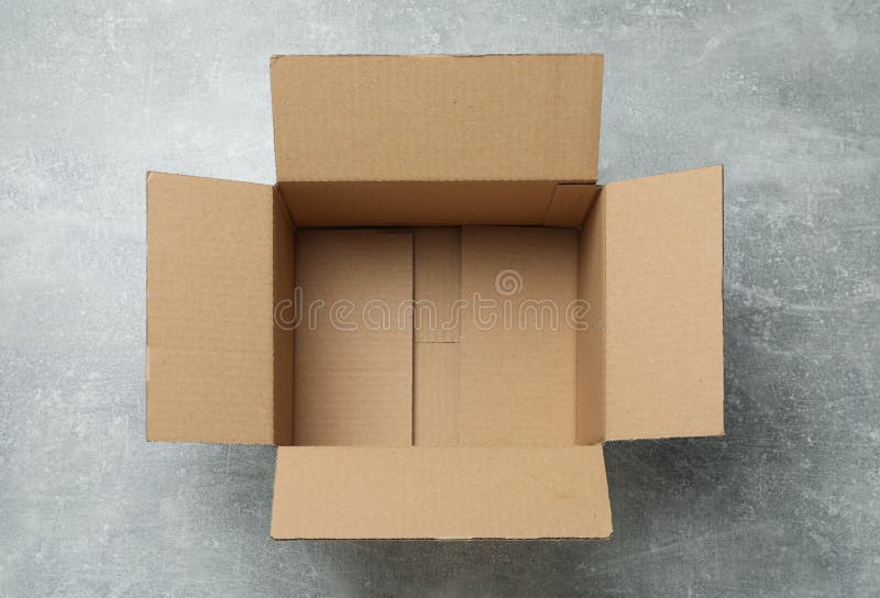 Empty Open Cardboard Box on Grey Table, Top View Stock Photo - Image of ...