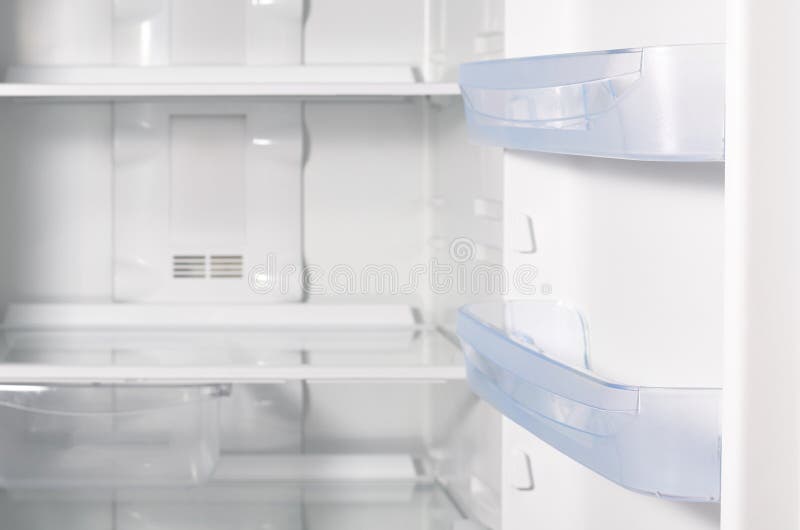 Empty Open Fridge with Shelves, White Refrigerator Background. Stock ...