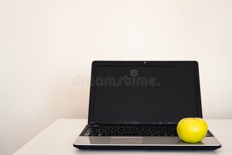 Empty Open Laptop with Mockup and Black Screen on White Desk Table ...