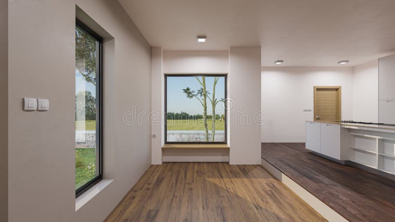 Empty Open Plan Kitchen Design in Natural Daylight Stock Illustration ...