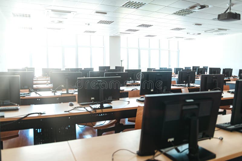 Row of Desktop Computers in Classroom Stock Image - Image of network ...