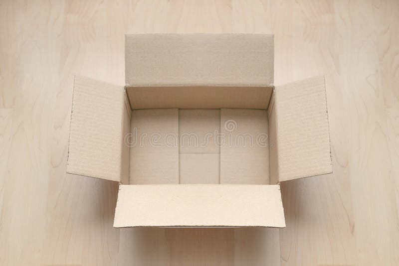 Empty Open Rectangular Cardboard Box on Wood Background. Shopping ...