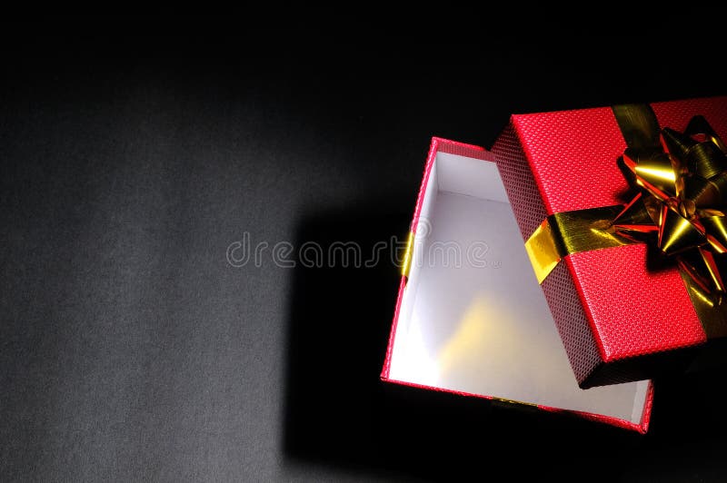Empty Open Red Gift Box with Gold Bow Dim Top Stock Photo - Image of ...