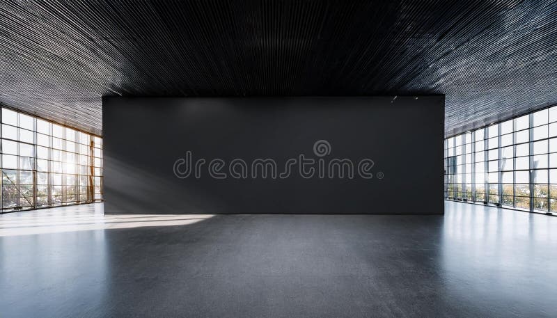 An Empty Open Space with a Large Blank Black Wall and Polished Concrete ...