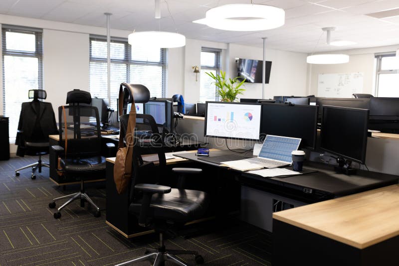 Empty Open Space Office with Desks, Chairs and Computers Stock Image ...