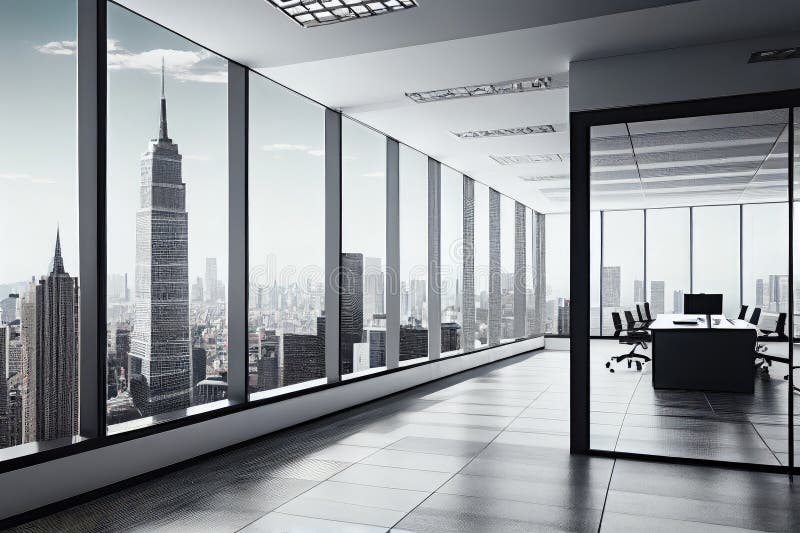 Empty Open Space Office, with View of Bustling Cityscape and Towering ...