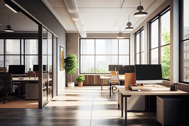 Empty Open Space Office with View of Busy City Street, Showcasing the ...