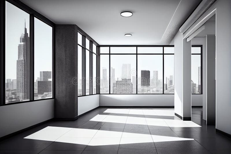 Empty Open Space Office, with View of the City Skyline, and Modern ...
