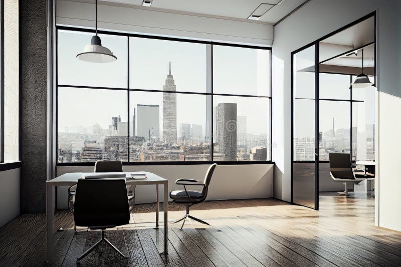 Empty Open Space Office, with View of the City Skyline, and Modern ...