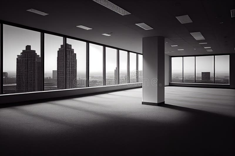 Empty Open Space Office, with View of the City Skyline and Towering ...