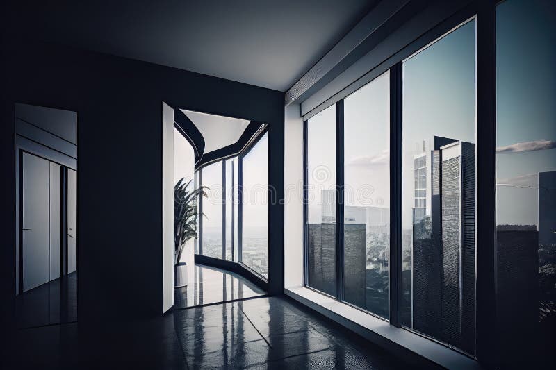 Empty Open Space Office, with View of the Outside World through Large ...