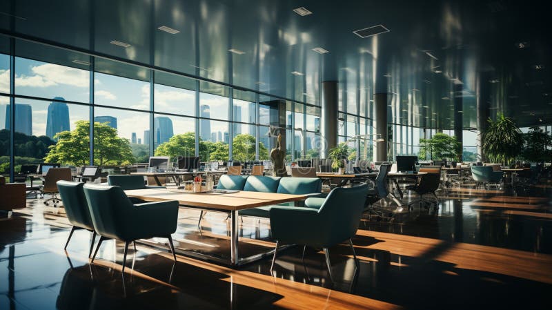 Empty Open Space Office with White Walls, Rows of Wooden Computer Desks ...