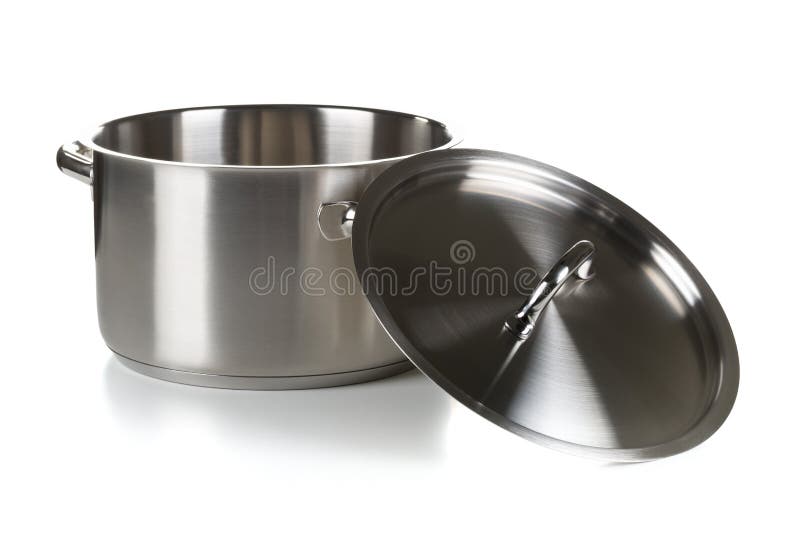 Open, Empty Stainless Steel Cooking Pot with Glass Lid Over White ...