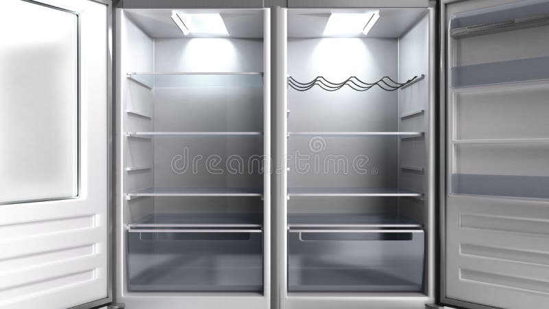 Empty Open Stainless Steel Modern Refrigerator 3d Illustration Stock ...