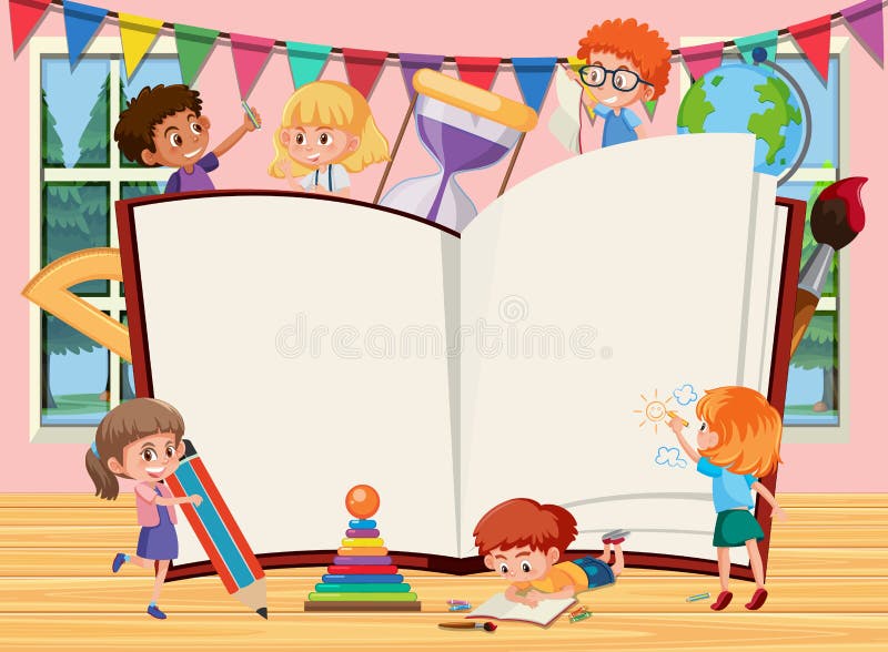 Empty Opened Book with School Kids Cartoon Stock Vector - Illustration ...