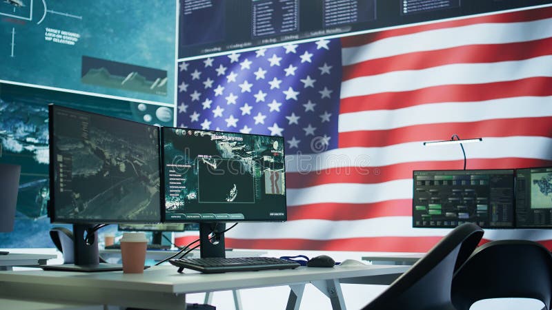 Empty Operation Room with American Flag Running on Big Screen in ...