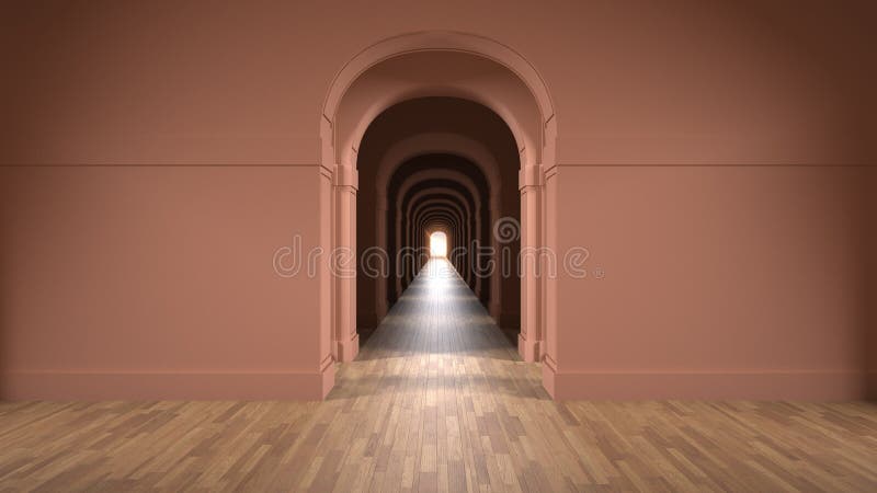 Empty Orange Architectural Interior with Infinite Arch Doors, Endless ...