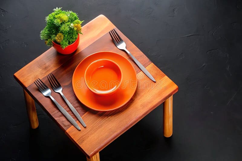 Empty Orange Dishware Set on Small Wooden Table with Plant, Dark ...