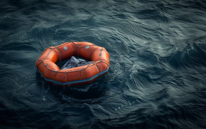 An Empty Orange Inflatable Life Raft Adrift on the Ocean Waves ...