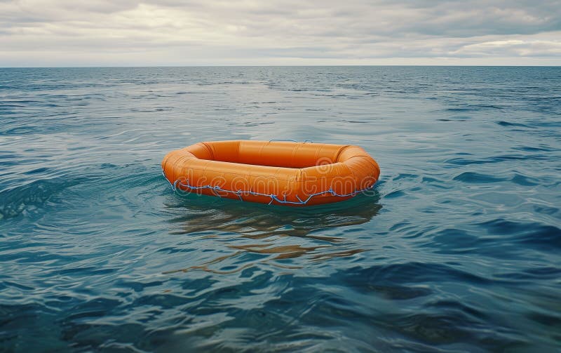An Empty Orange Inflatable Life Raft Adrift on the Ocean Waves ...