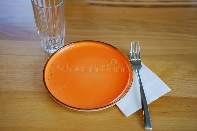 Empty Orange Plate Fork Glass Wooden Table Bright Setting Stock Photos ...