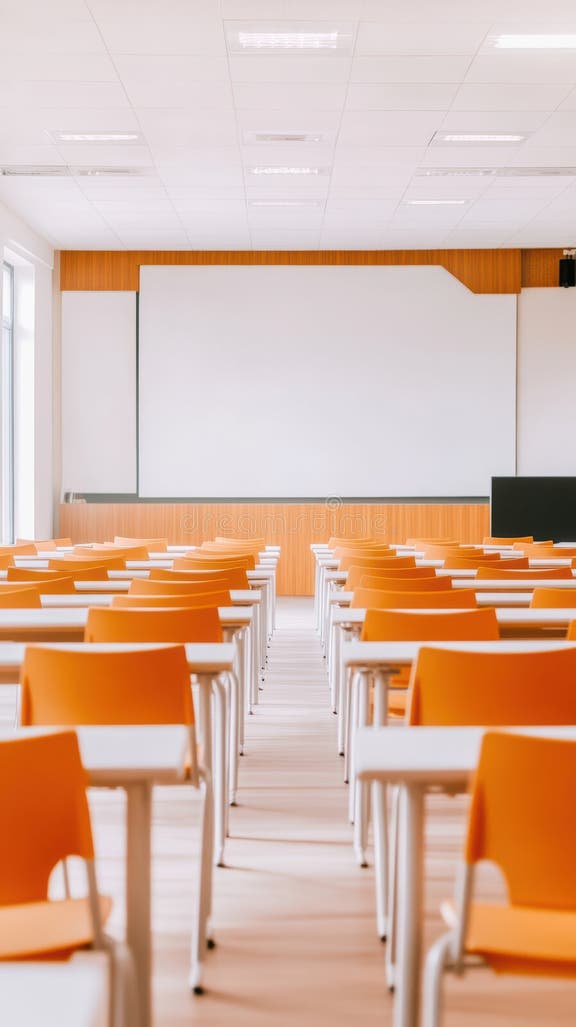 Empty Orange Seated Classroom with Projector Screen and Natural Light ...