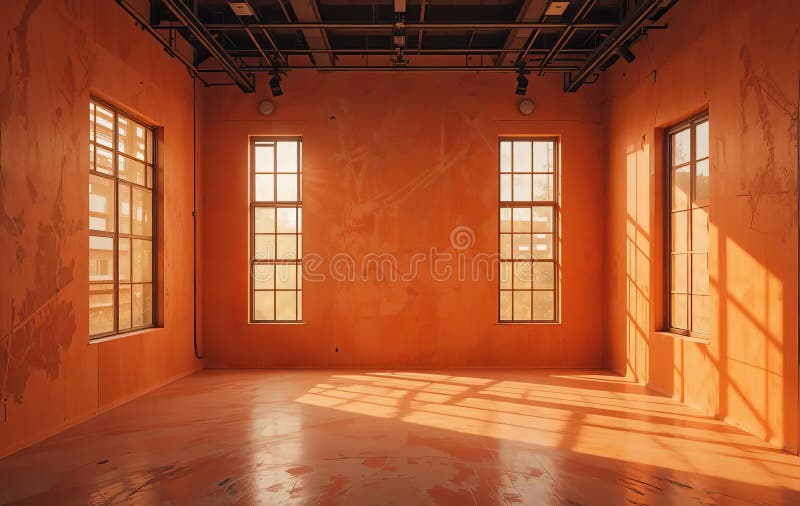 An Empty Orange Studio Space with Large Windows and Abstract Designs on ...